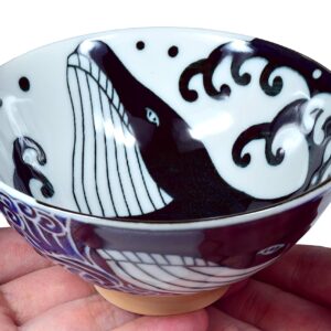 Mino Ware Japanese Rice Bowl, Rice Ramen Noodle Soup Sarada Pasta, Wave Whale Chawn, 4.6 inch 10oz Set of 2