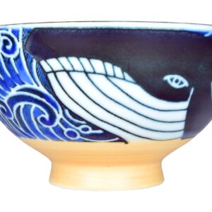 Mino Ware Japanese Rice Bowl, Rice Ramen Noodle Soup Sarada Pasta, Wave Whale Chawn, 4.6 inch 10oz Set of 2