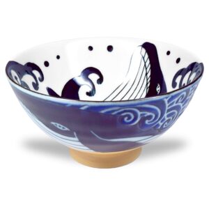 Mino Ware Japanese Rice Bowl, Rice Ramen Noodle Soup Sarada Pasta, Wave Whale Chawn, 4.6 inch 10oz Set of 2