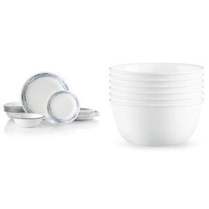 corelle vitrelle 18-piece service for 6 dinnerware set, triple layer glass and chip resistant, ocean blue & vitrelle 28-oz soup/cereal bowls set of 6, winter frost white