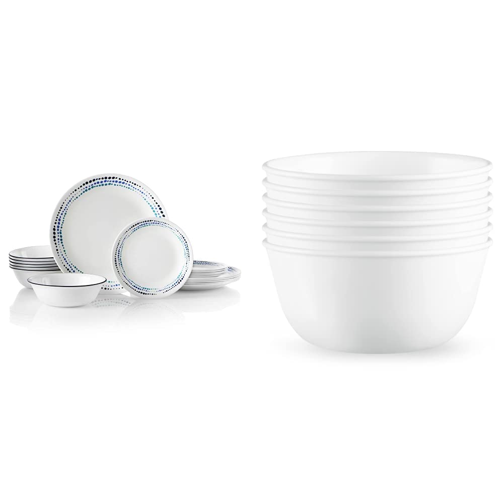 Corelle Vitrelle 18-Piece Service for 6 Dinnerware Set, Triple Layer Glass and Chip Resistant, Ocean Blue & Vitrelle 28-oz Soup/Cereal Bowls Set of 6, Winter Frost White