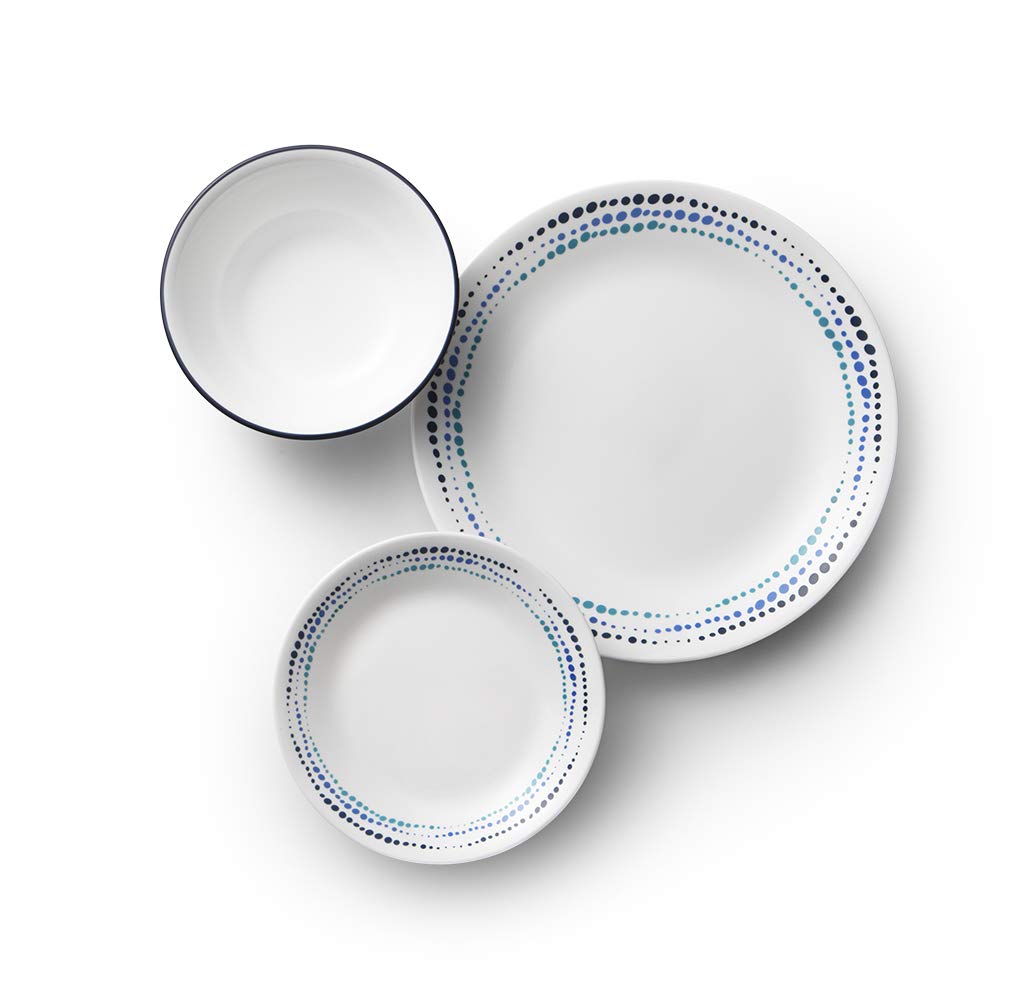 Corelle Vitrelle 18-Piece Service for 6 Dinnerware Set, Triple Layer Glass and Chip Resistant, Ocean Blue & Vitrelle 28-oz Soup/Cereal Bowls Set of 6, Winter Frost White