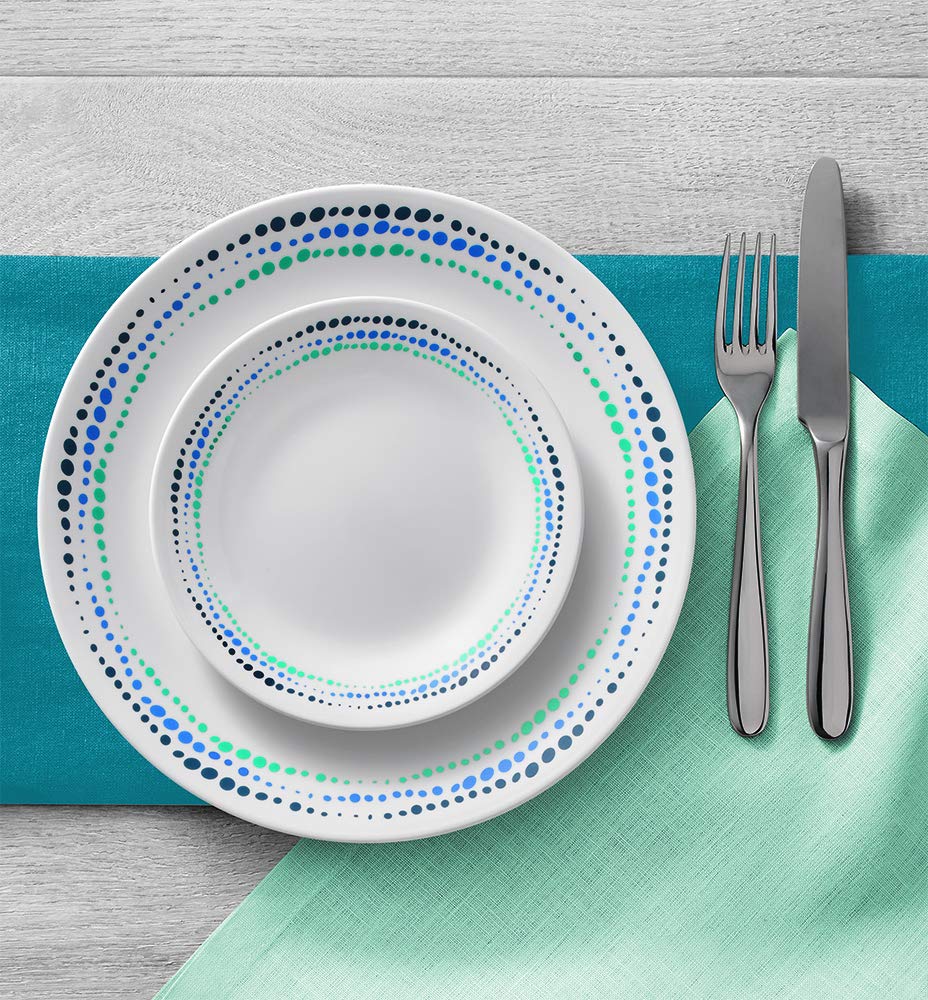 Corelle Vitrelle 18-Piece Service for 6 Dinnerware Set, Triple Layer Glass and Chip Resistant, Ocean Blue & Vitrelle 28-oz Soup/Cereal Bowls Set of 6, Winter Frost White