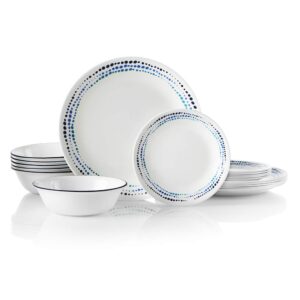 Corelle Vitrelle 18-Piece Service for 6 Dinnerware Set, Triple Layer Glass and Chip Resistant, Ocean Blue & Vitrelle 28-oz Soup/Cereal Bowls Set of 6, Winter Frost White