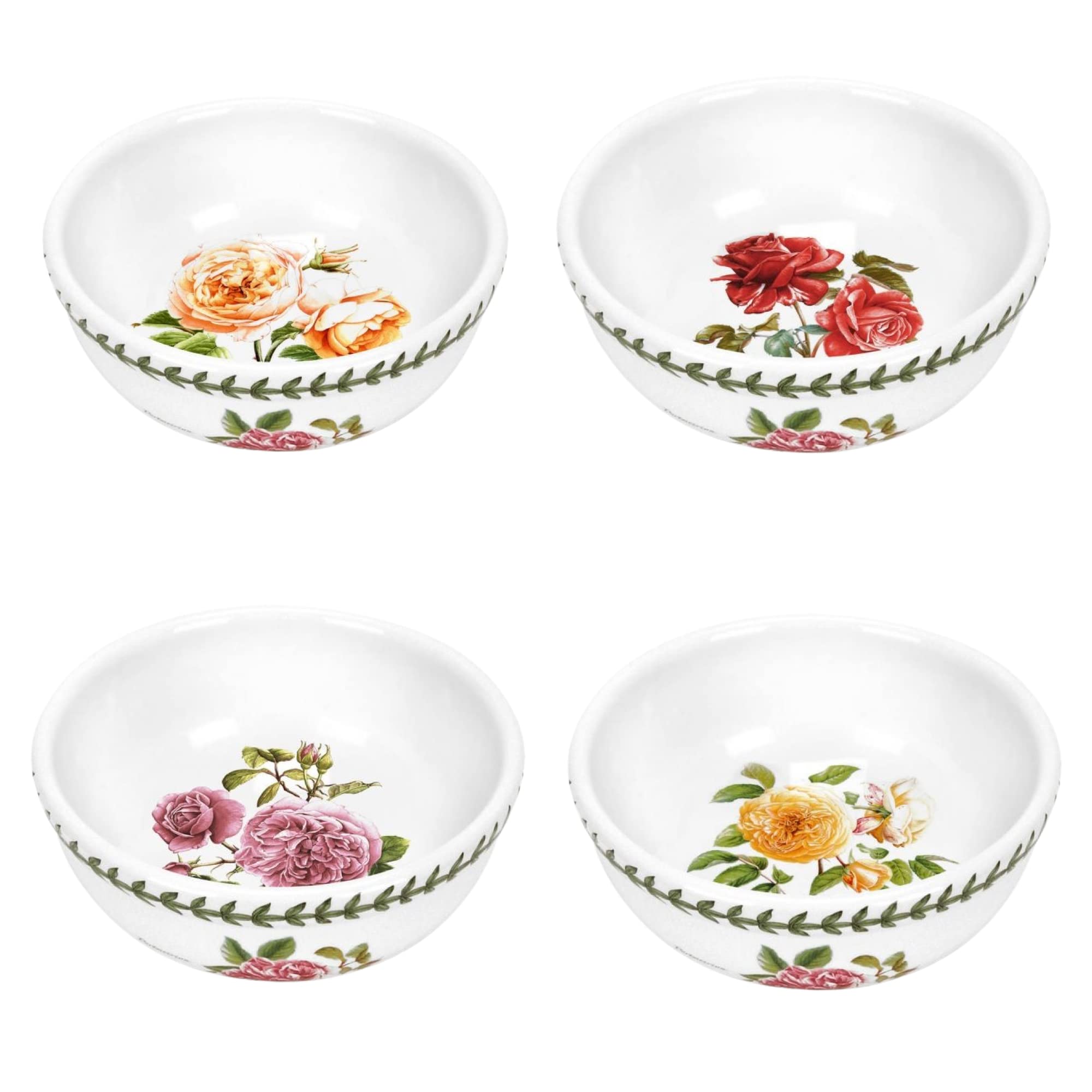 Portmeirion Botanic Roses 5.5” Fruit Salad Bowl with Assorted Rose Motifs, Set of 4, Dishwasher, Microwave, Warm Oven, and Freezer Safe, For Cereal, Breakfast, Dessert