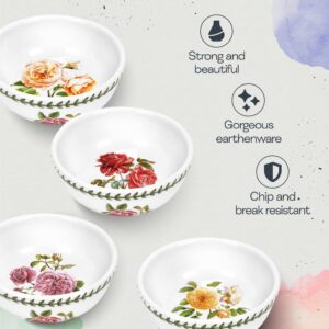 Portmeirion Botanic Roses 5.5” Fruit Salad Bowl with Assorted Rose Motifs, Set of 4, Dishwasher, Microwave, Warm Oven, and Freezer Safe, For Cereal, Breakfast, Dessert