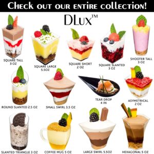 DLux 50 x 3 oz Mini Dessert Cups with Spoons and lids, Square Tall - Clear Plastic Parfait Appetizer Cup - Small Reusable Serving Bowl for Party Desserts Appetizers - With Recipe Ebook