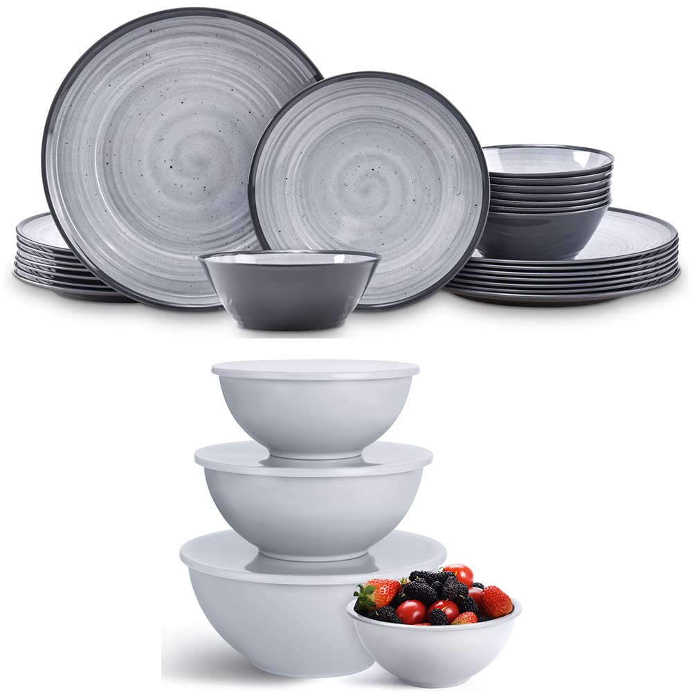 Joviton Home 32-Piece Swirl Melamine Dinnerware Sets for 8 and 8-Piece Mixing Bowls with Lids Set