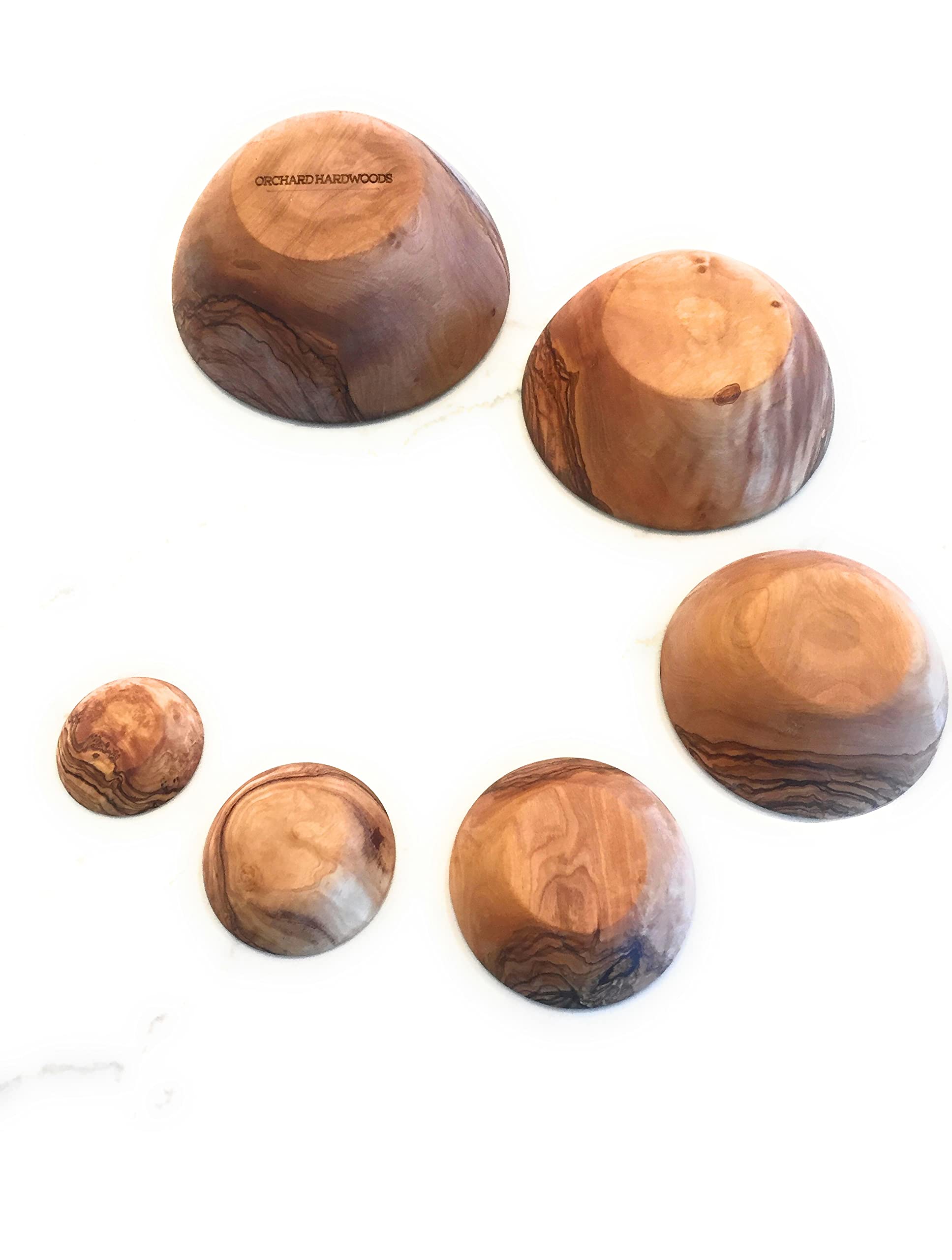 ORCHARD HARDWOODS Nesting Set of 6 Artisan Olive Wood Serving Bowls. Unique Handmade Decorative Serve-ware for Fruit, Salad, Snacks, Condiments, Any Food. Small Mini Bowl 2" to Large 5.5-6.5"