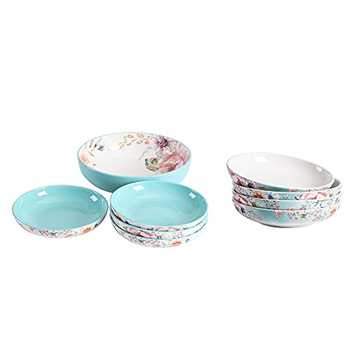 Bico Margret's Garden Ceramic Pasta Bowl, Set of 9(1 unit 214oz, 8 units 35oz), for Pasta, Salad, Microwave & Dishwasher Safe