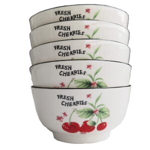 5 Pack Ceramic Bowls With Cherry Pattern, 4.64" x 2.36" Porcelain Bowls, Salad Bowls Ramen Bowls for Kitchen Restaurant Serving Bowls, Large Capacity Ceramic Bowls, Dishwasher Safe & Microwave Safe