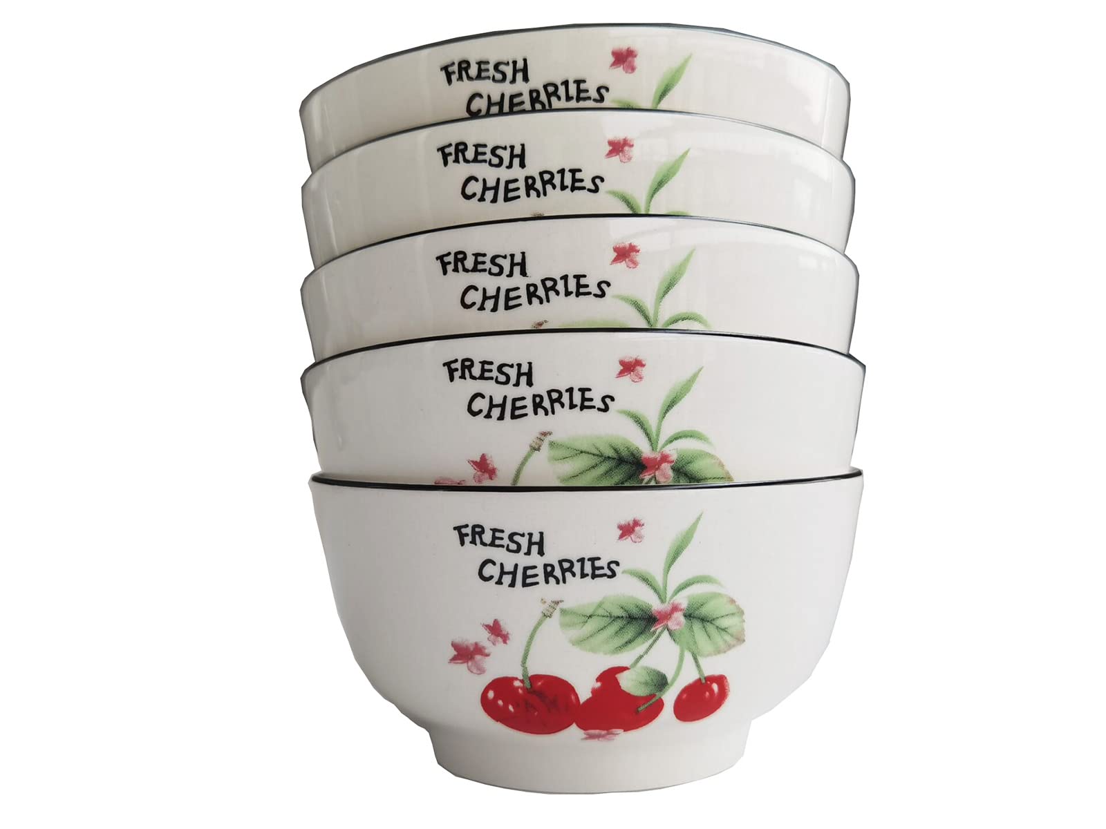 5 Pack Ceramic Bowls With Cherry Pattern, 4.64" x 2.36" Porcelain Bowls, Salad Bowls Ramen Bowls for Kitchen Restaurant Serving Bowls, Large Capacity Ceramic Bowls, Dishwasher Safe & Microwave Safe