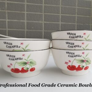 5 Pack Ceramic Bowls With Cherry Pattern, 4.64" x 2.36" Porcelain Bowls, Salad Bowls Ramen Bowls for Kitchen Restaurant Serving Bowls, Large Capacity Ceramic Bowls, Dishwasher Safe & Microwave Safe