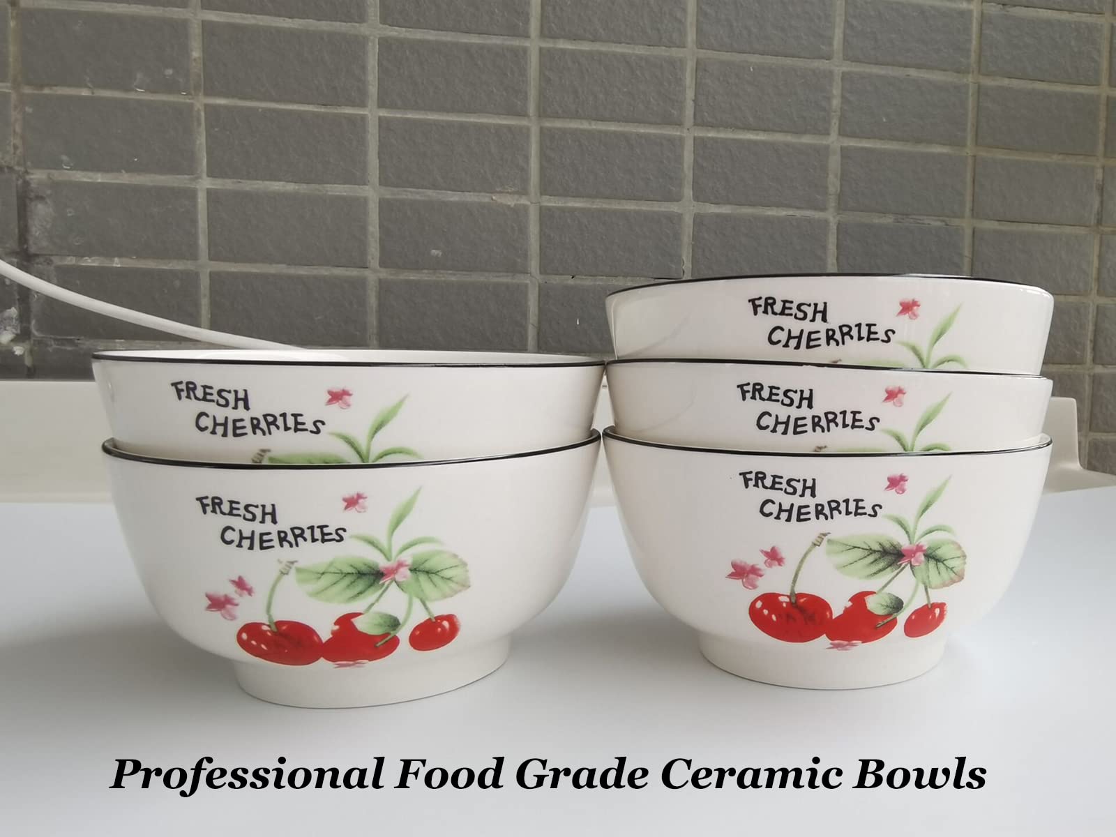 5 Pack Ceramic Bowls With Cherry Pattern, 4.64" x 2.36" Porcelain Bowls, Salad Bowls Ramen Bowls for Kitchen Restaurant Serving Bowls, Large Capacity Ceramic Bowls, Dishwasher Safe & Microwave Safe