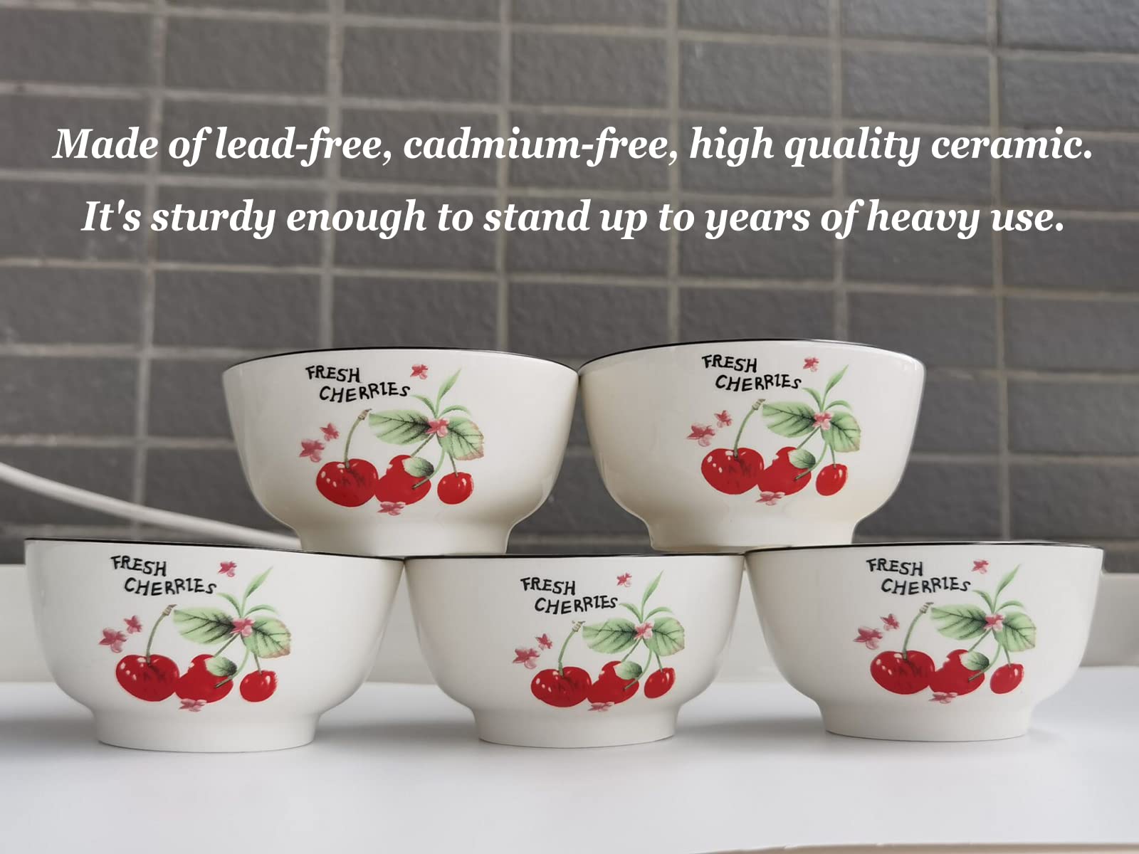 5 Pack Ceramic Bowls With Cherry Pattern, 4.64" x 2.36" Porcelain Bowls, Salad Bowls Ramen Bowls for Kitchen Restaurant Serving Bowls, Large Capacity Ceramic Bowls, Dishwasher Safe & Microwave Safe