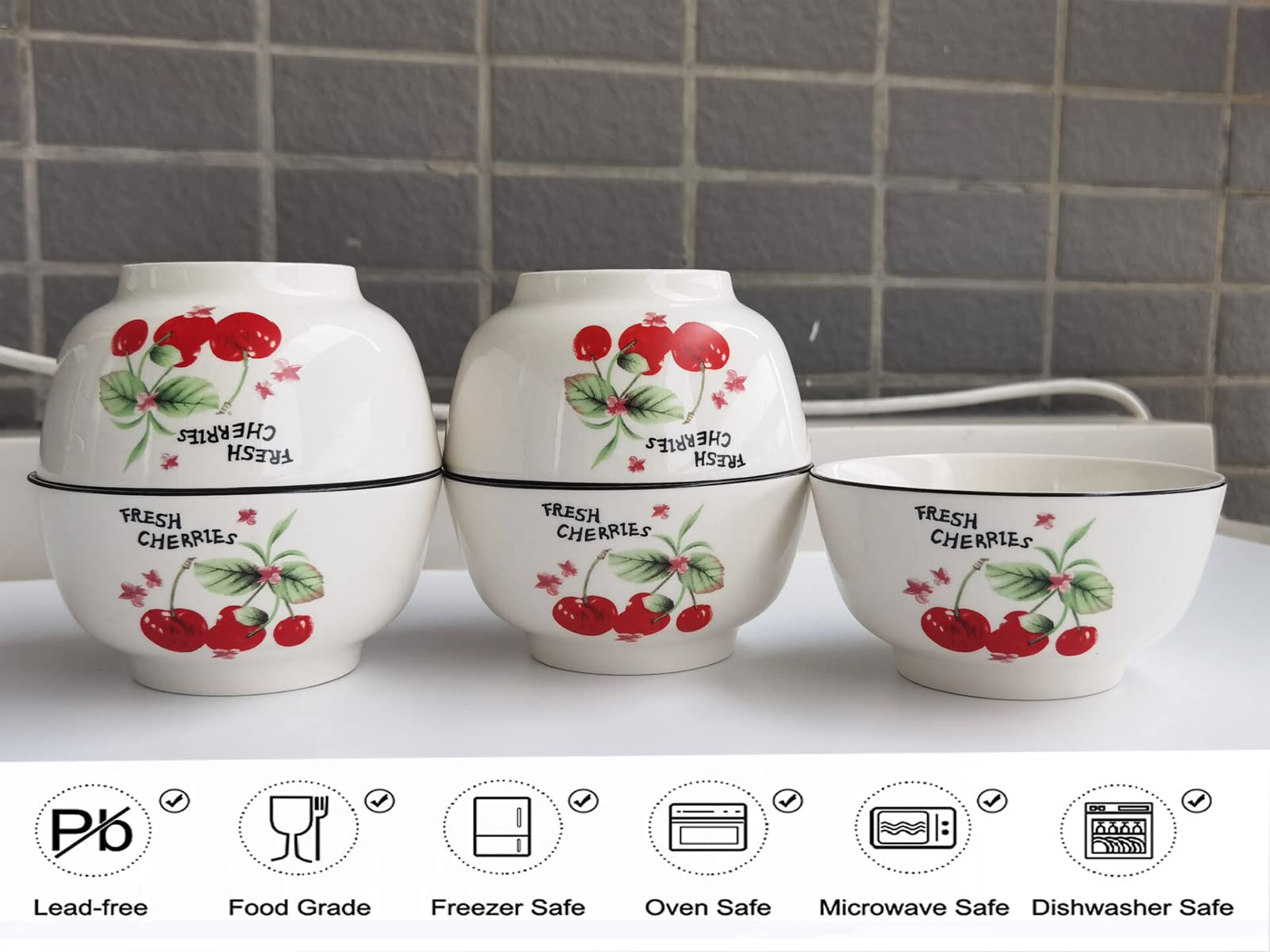 5 Pack Ceramic Bowls With Cherry Pattern, 4.64" x 2.36" Porcelain Bowls, Salad Bowls Ramen Bowls for Kitchen Restaurant Serving Bowls, Large Capacity Ceramic Bowls, Dishwasher Safe & Microwave Safe