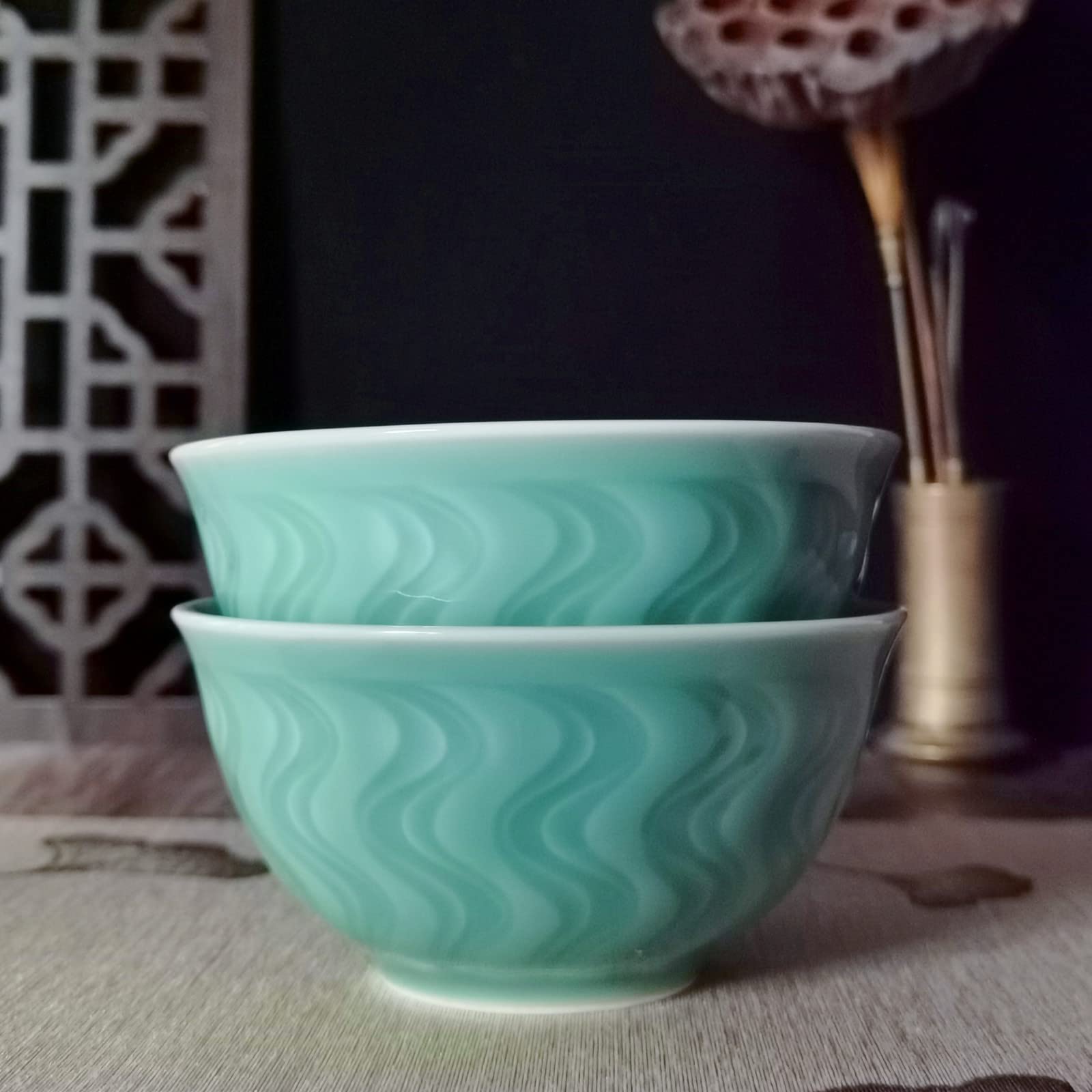 Hanamde Celadon Chinese Rice Bowl for Cereal Sauce Bowl Porcelain Tableware 4.25Inch Microwave and Dishwasher Safe (Blue)