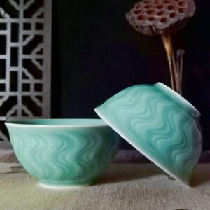 Hanamde Celadon Chinese Rice Bowl for Cereal Sauce Bowl Porcelain Tableware 4.25Inch Microwave and Dishwasher Safe (Blue)