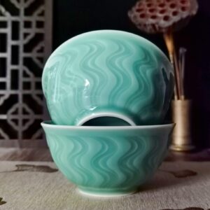 Hanamde Celadon Chinese Rice Bowl for Cereal Sauce Bowl Porcelain Tableware 4.25Inch Microwave and Dishwasher Safe (Blue)