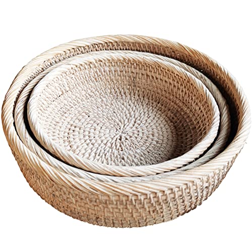 AMOLOLO 3Packs Wash White Round Rattan Bowl Basket,White Decorative Handmade Wicker Basket Tray with 4 Inch Deep Wall, Decorative Woven White Bread Basket Fruit Bowl Key Holder Table Centerpiece