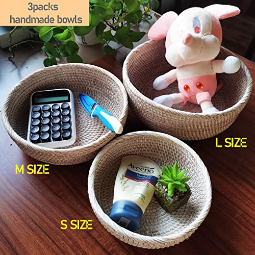 AMOLOLO 3Packs Wash White Round Rattan Bowl Basket,White Decorative Handmade Wicker Basket Tray with 4 Inch Deep Wall, Decorative Woven White Bread Basket Fruit Bowl Key Holder Table Centerpiece