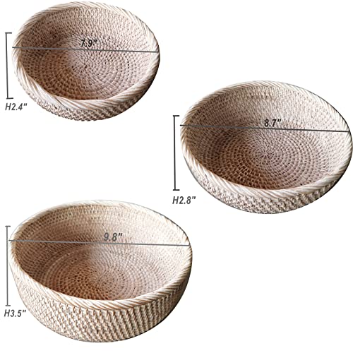 AMOLOLO 3Packs Wash White Round Rattan Bowl Basket,White Decorative Handmade Wicker Basket Tray with 4 Inch Deep Wall, Decorative Woven White Bread Basket Fruit Bowl Key Holder Table Centerpiece