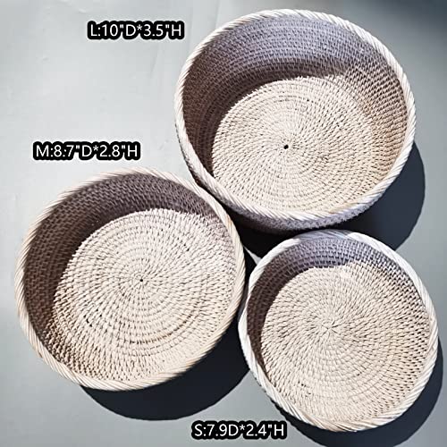 AMOLOLO 3Packs Wash White Round Rattan Bowl Basket,White Decorative Handmade Wicker Basket Tray with 4 Inch Deep Wall, Decorative Woven White Bread Basket Fruit Bowl Key Holder Table Centerpiece