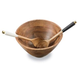 mud pie farmhouse inspired wooden serving utensils salad bowl set, brown