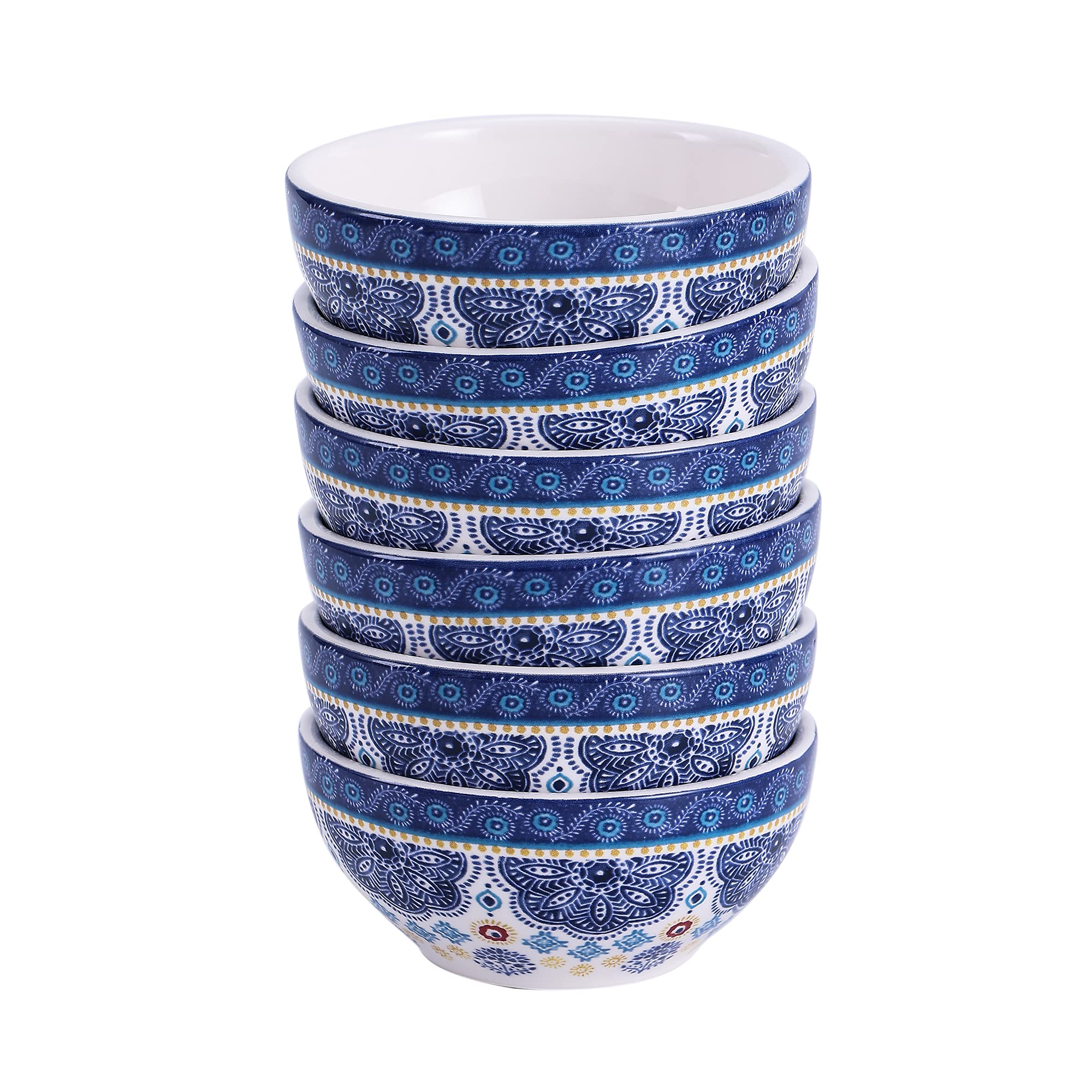 Bico Blue Talavera Dessert Bowls Set of 6, Ceramic, 12oz, for Ice Cream, Salad, Cereal, Dipping Sauce, Microwave & Dishwasher Safe