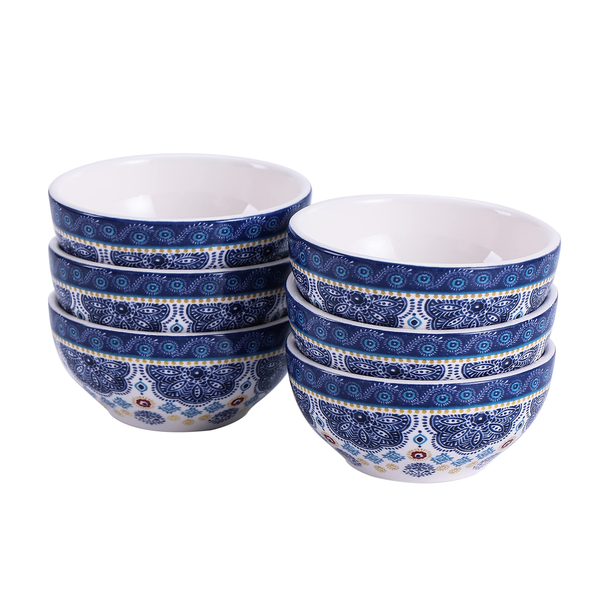 Bico Blue Talavera Dessert Bowls Set of 6, Ceramic, 12oz, for Ice Cream, Salad, Cereal, Dipping Sauce, Microwave & Dishwasher Safe