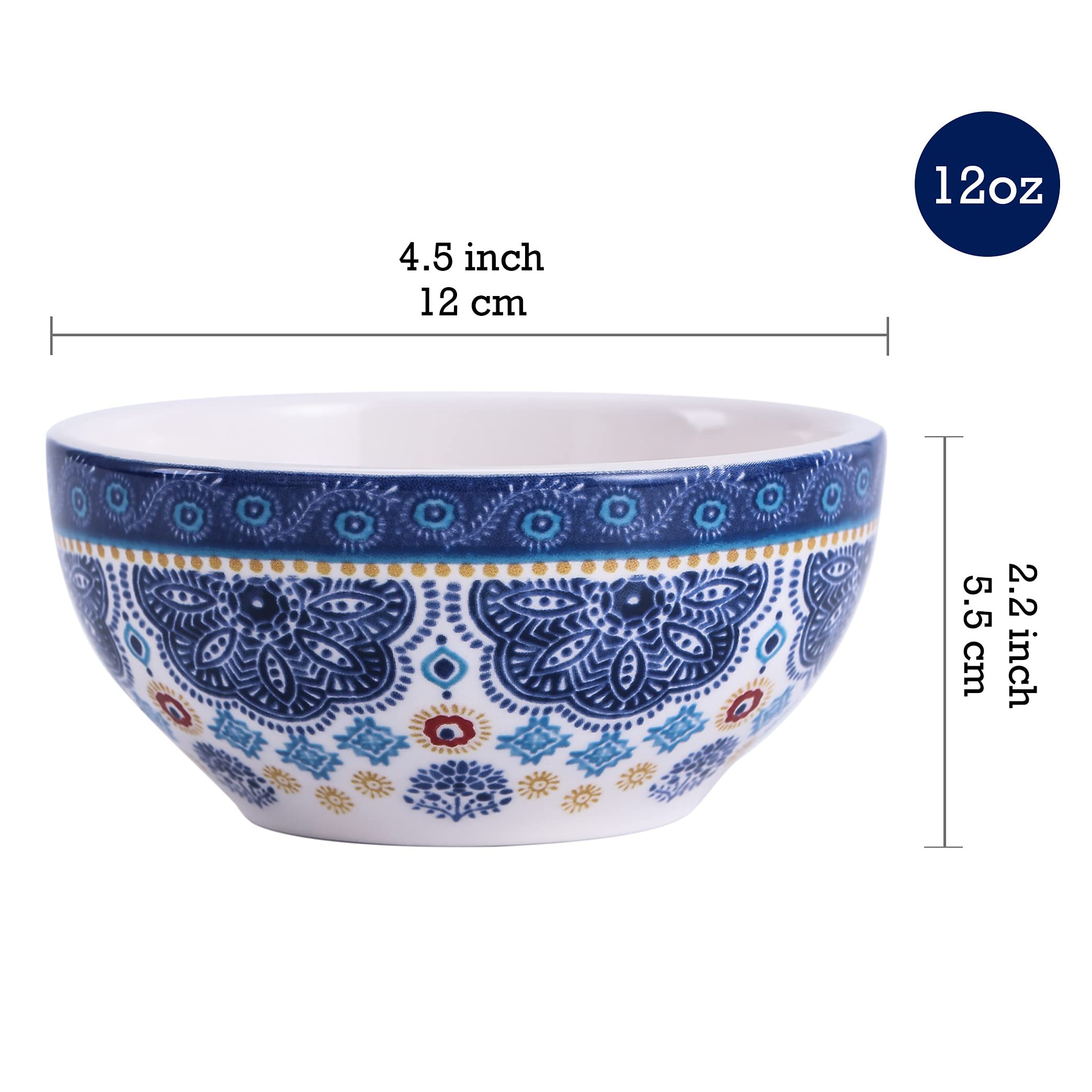 Bico Blue Talavera Dessert Bowls Set of 6, Ceramic, 12oz, for Ice Cream, Salad, Cereal, Dipping Sauce, Microwave & Dishwasher Safe