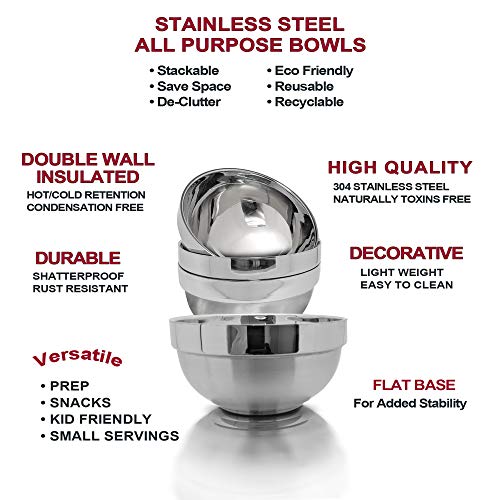 Heat Insulated 304 Stainless Steel Bowls, Double Walled, Multipurpose Rice Ice Cream Kids Snacks, 4 Pack, SMALL (16 oz)