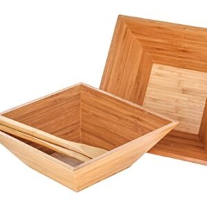 Heim Concept Bamboo Salad Bowl 4 PC Set w/Serving Hands, 2 square bowls & pair salad servers Eco-Friendly BPA Free