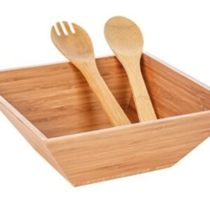 Heim Concept Bamboo Salad Bowl 4 PC Set w/Serving Hands, 2 square bowls & pair salad servers Eco-Friendly BPA Free