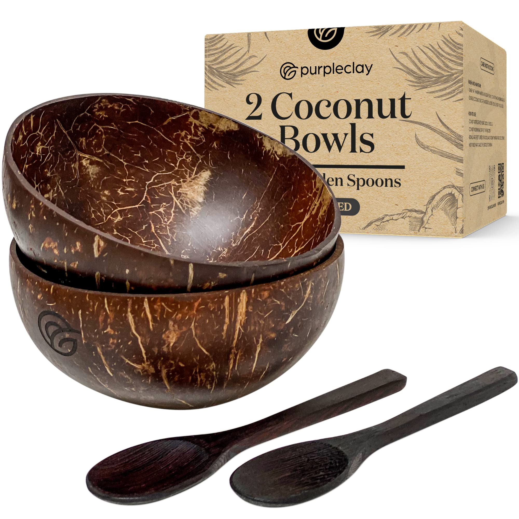 purpleclay Coconut Bowls and Wooden Spoons Set of 2 – Natural, Hand-Crafted, Vegan-Friendly, Salad, Smoothie or Buddha Bowl and Kitchen Utensils (2 Polished Bowls & Spoons)