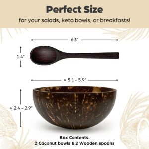 purpleclay Coconut Bowls and Wooden Spoons Set of 2 – Natural, Hand-Crafted, Vegan-Friendly, Salad, Smoothie or Buddha Bowl and Kitchen Utensils (2 Polished Bowls & Spoons)