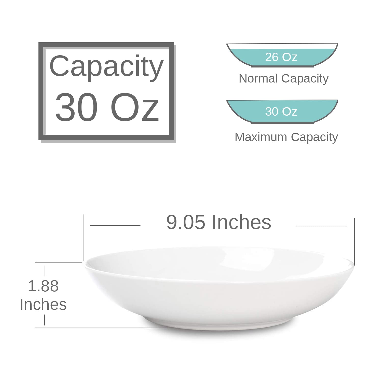 Artestia 30-OZ Pasta Bowls Set of 4, Large White Porcelain Salad Serving Plates 9 Inch Soup Dinner Bowls for Kitchen, Restaurant, Dishwasher, Microwave Safe