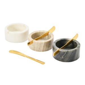 creative co-op marble set pinch pot bowls for salt, pepper, and seasoning with 3 metal knives