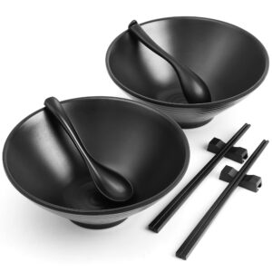 edward appliances & supplies - black melamine ramen bowls set of 2 bowls, chopsticks, spoons and stands, big size 57 oz, pho bowls large, rice, noodles, oatmeal, spaghetti bowl, japanese, ramen kit