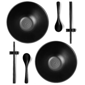 Edward Appliances & Supplies - Black Melamine Ramen Bowls Set of 2 Bowls, Chopsticks, Spoons and Stands, Big Size 57 oz, Pho Bowls Large, Rice, Noodles, Oatmeal, Spaghetti Bowl, Japanese, Ramen Kit