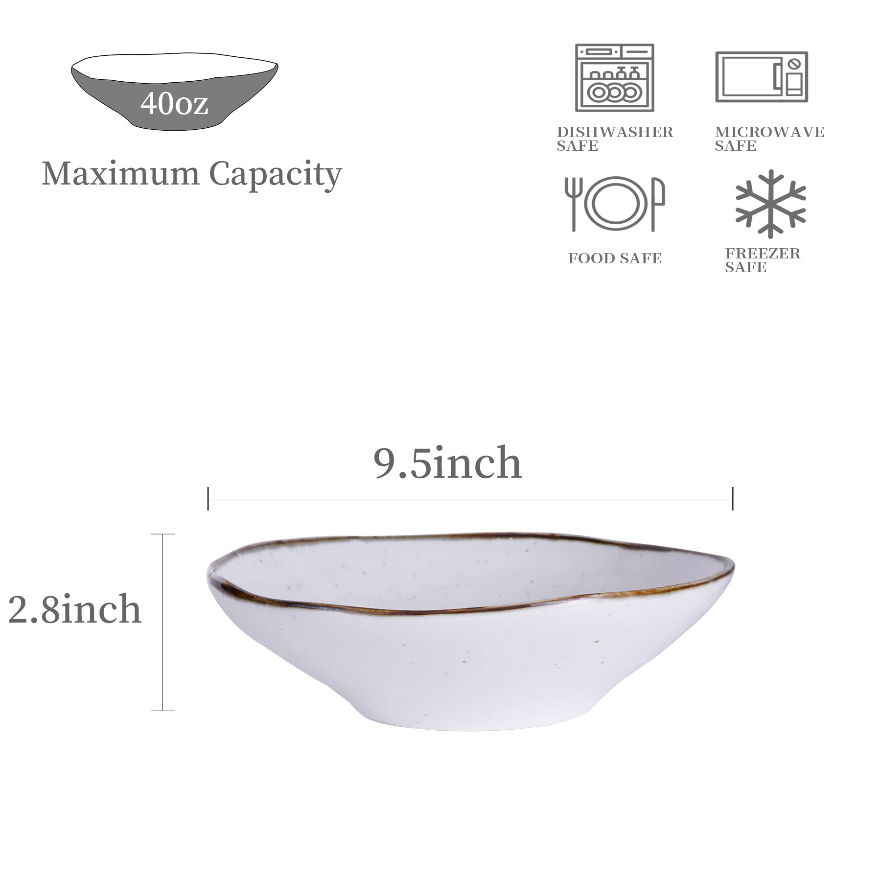 Uaral Pasta Bowls Large Salad Bowl Ceramic Soup Bowl,40 Ounce Wide and Shallow Serving Bowl,Set of 2, (Reactive White)