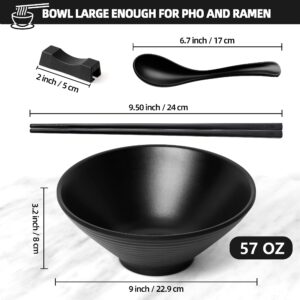 Edward Appliances & Supplies - Black Melamine Ramen Bowls Set of 2 Bowls, Chopsticks, Spoons and Stands, Big Size 57 oz, Pho Bowls Large, Rice, Noodles, Oatmeal, Spaghetti Bowl, Japanese, Ramen Kit