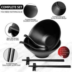 Edward Appliances & Supplies - Black Melamine Ramen Bowls Set of 2 Bowls, Chopsticks, Spoons and Stands, Big Size 57 oz, Pho Bowls Large, Rice, Noodles, Oatmeal, Spaghetti Bowl, Japanese, Ramen Kit