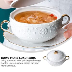 Zerodeko Soup Bowls French Onion Soup Bowls Ceramic Dessert Bowl with Double Handle, Porcelain Soup Bowl with Lid and Spoon for Fruit Salad Soup Cereal (White) Soup Bowls White Onion