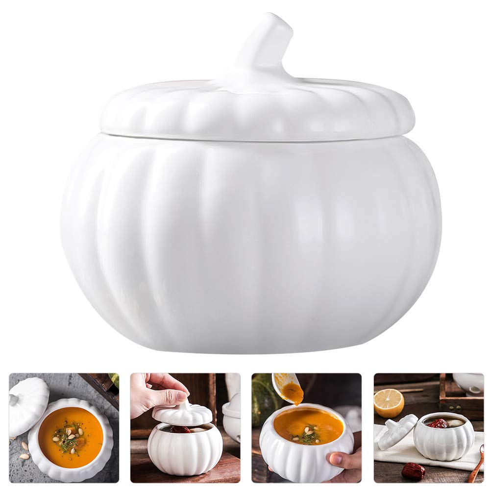 BESTonZON Ceramic Pumpkin Dish Pumpkin Soup Bowls Porcelain Dinnerware Pasta Dessert Bowl with Lid, Dishwasher & Oven Safety