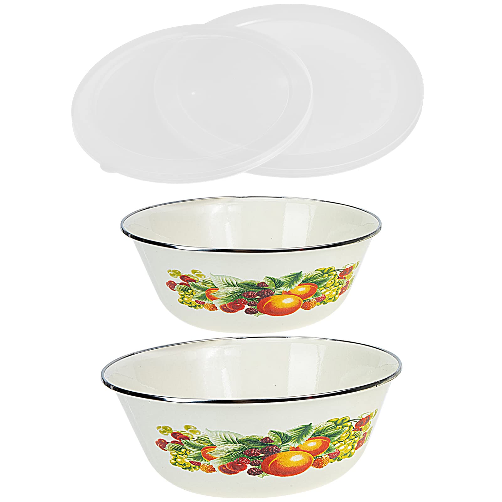 Angoily 2 Sets of Enamel Bowls with Lids Enamelware Soup Basins Vintage Salad Bowl Enamel Noodle Bowls Round Serving Bowl Vegetable Fruit Containers