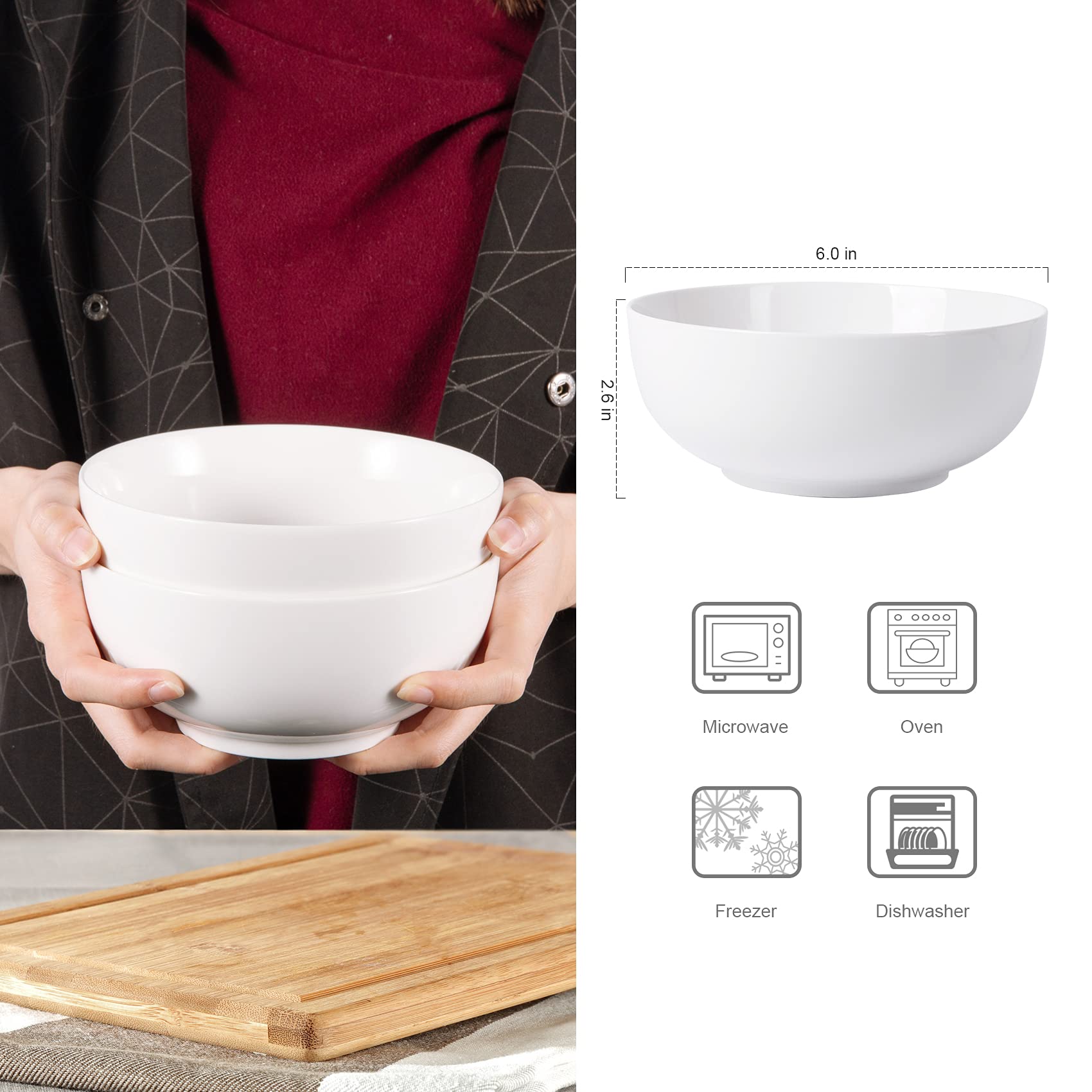 23 Ounce Porcelain Bowls Set 6 Pack Premium White Ceramic Bowls for Cereal, Soup, Salad, Pasta, Prep, Rice, Ice cream, Microwave & Dishwasher Safe