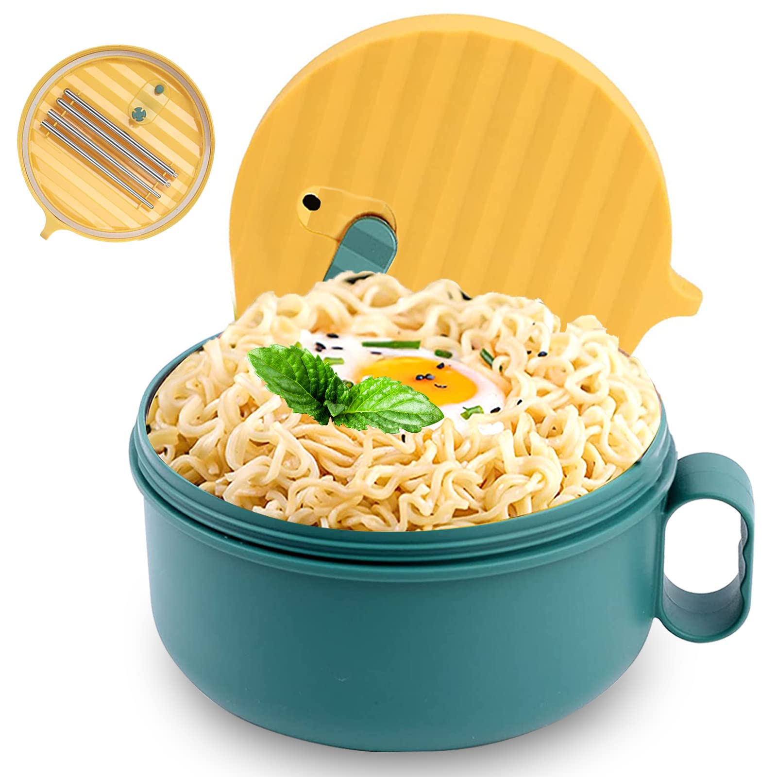 Microwave Ramen Noodle Bowl Set: Microwave Ramen Bowl with Lid, Handle and Chopsticks, Ramen Noodle Microwave Bowl Dishwasher Safe for Noddles, Pasta, and Soup, Home Office Dorm Room (Yellow & Green)