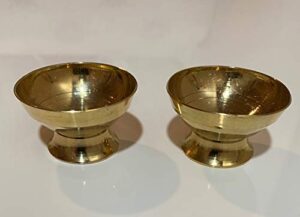 family cart small pure brass bowl pyali katori | brass roli bowl | chandan katori with base, set of 2 pieces for religious spiritual diwali navratri laxmi poojan - (curved shinee design gold color)