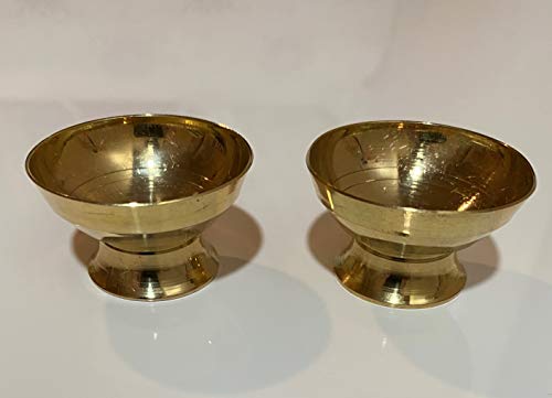 Family Cart Small Pure Brass Bowl Pyali Katori | Brass Roli Bowl | Chandan Katori with Base, Set of 2 Pieces for Religious Spiritual Diwali Navratri Laxmi Poojan - (Curved Shinee Design Gold Color)